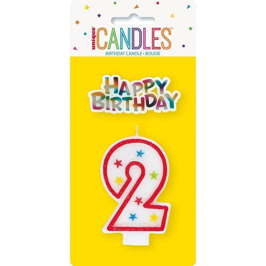 Numeral Candle "2" With Happy Birthday Cake Topper - Party Owls